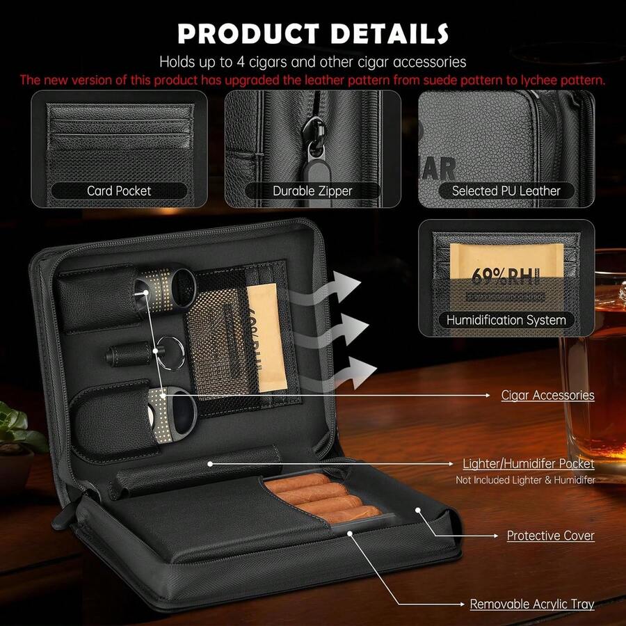 Humidor, Portable Box With V Cutter, Straight Cutter, Punch, Humidifier ...