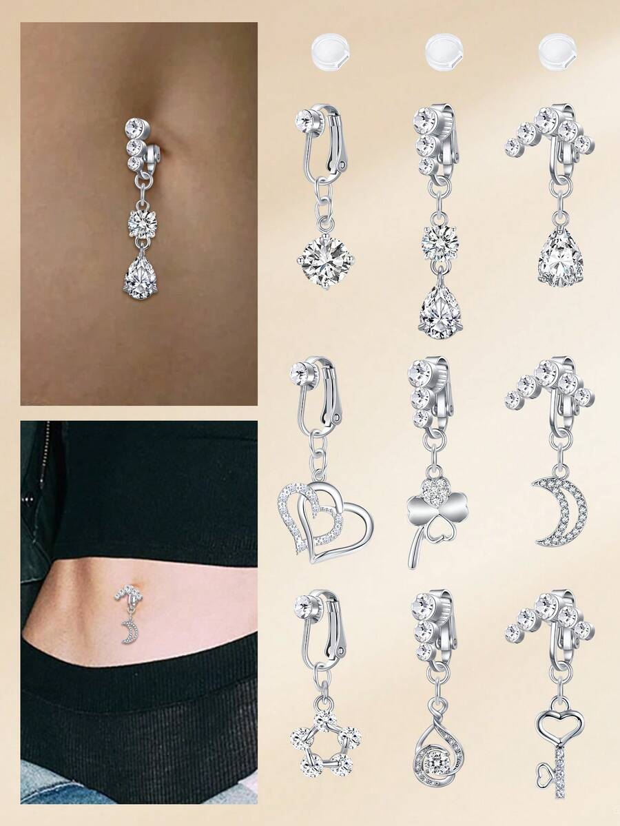 1pc Elegant Stainless Steel Cubic Zirconia Heart Moon Fake Belly Ring Fake Belly Piercing ...