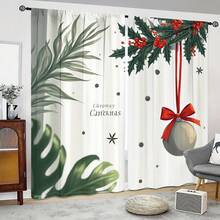 2pcs 2D Printed Christmas Decorative Curtains, Holly Berry Pine Leaves ...