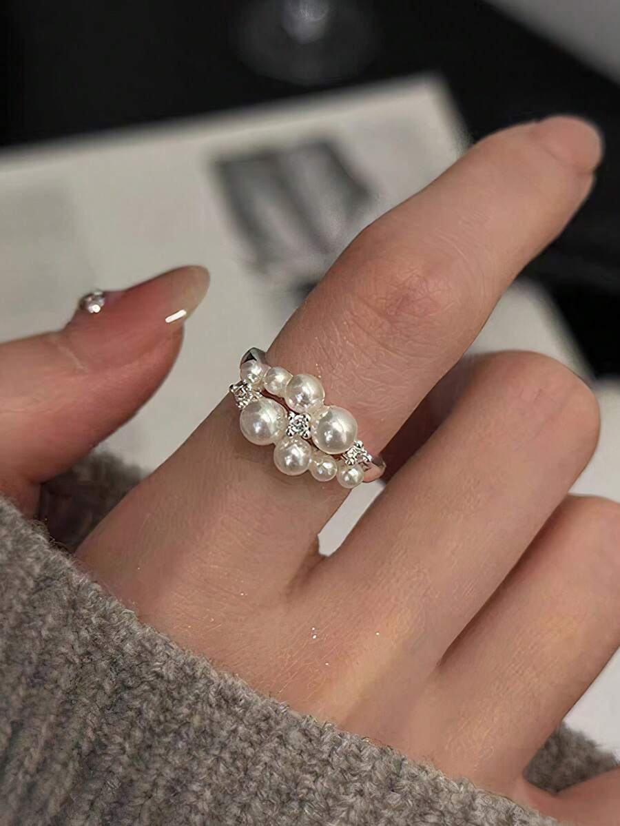 BALMORA 1 Elegant Classic S925 Sterling Silver Faux Pearl Ring Opening ...