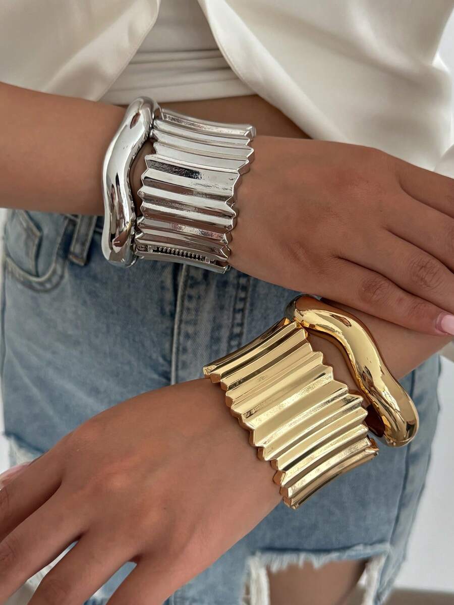 1pc Bohemian Foldable Geometric Wave Arc Fashionable Metal Bangle Bracelet, Glamorous Vintage ...