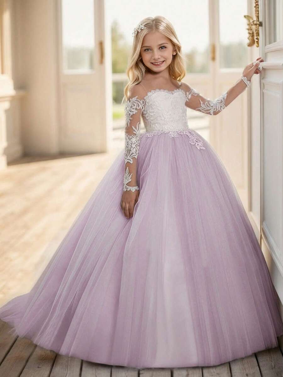 Girls' Fairy-Tale Purple-White Color-Blocked Lace Tulle Long-Sleeve ...