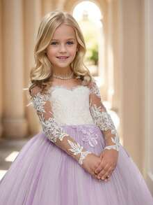 Girls' Fairy-Tale Purple-White Color-Blocked Lace Tulle Long-Sleeve ...