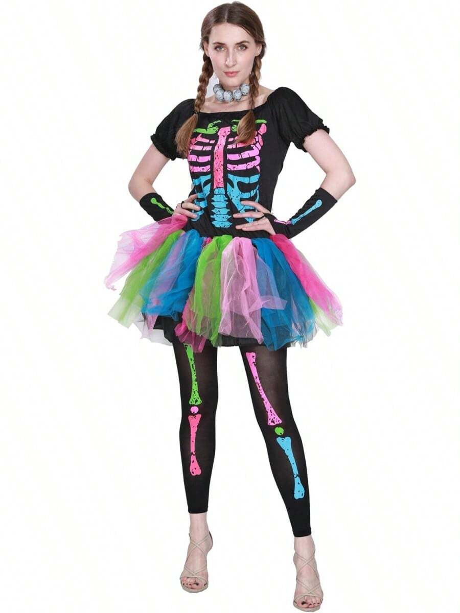 2025 Best EraSpooky Women Funky Punk Costumes Skeleton Colorful Tutu ...