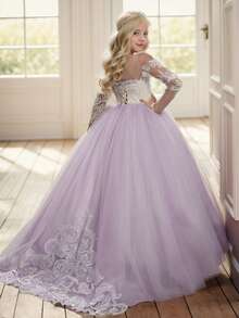 Girls' Fairy-Tale Purple-White Color-Blocked Lace Tulle Long-Sleeve ...