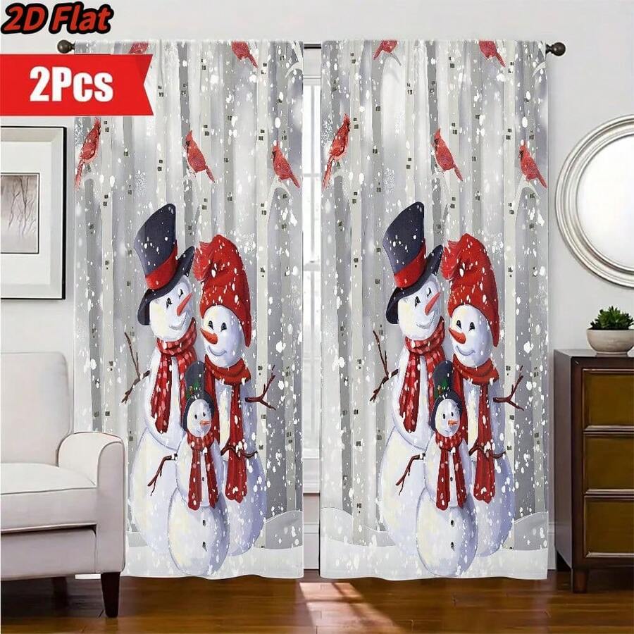 2Pcs Snowman Family Cardinal Winter Curtains, Rod Pocket Design ...
