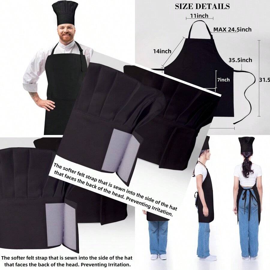 Chef Apron And Hat Set 2 Pockets Adjustable Cotton Kitchen Cooking Bib Apron Baker Costume For ...