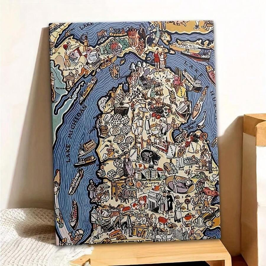 1pc Vintage Michigan Map Canvas Art With Wooden Frame - Colorful ...
