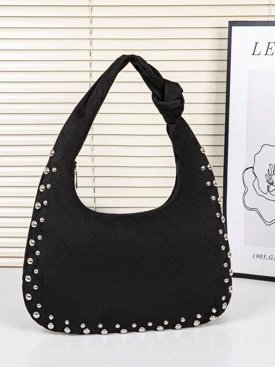 1pc Women's Solid Black Suede Rivet Decor Retro Large Capacity ...