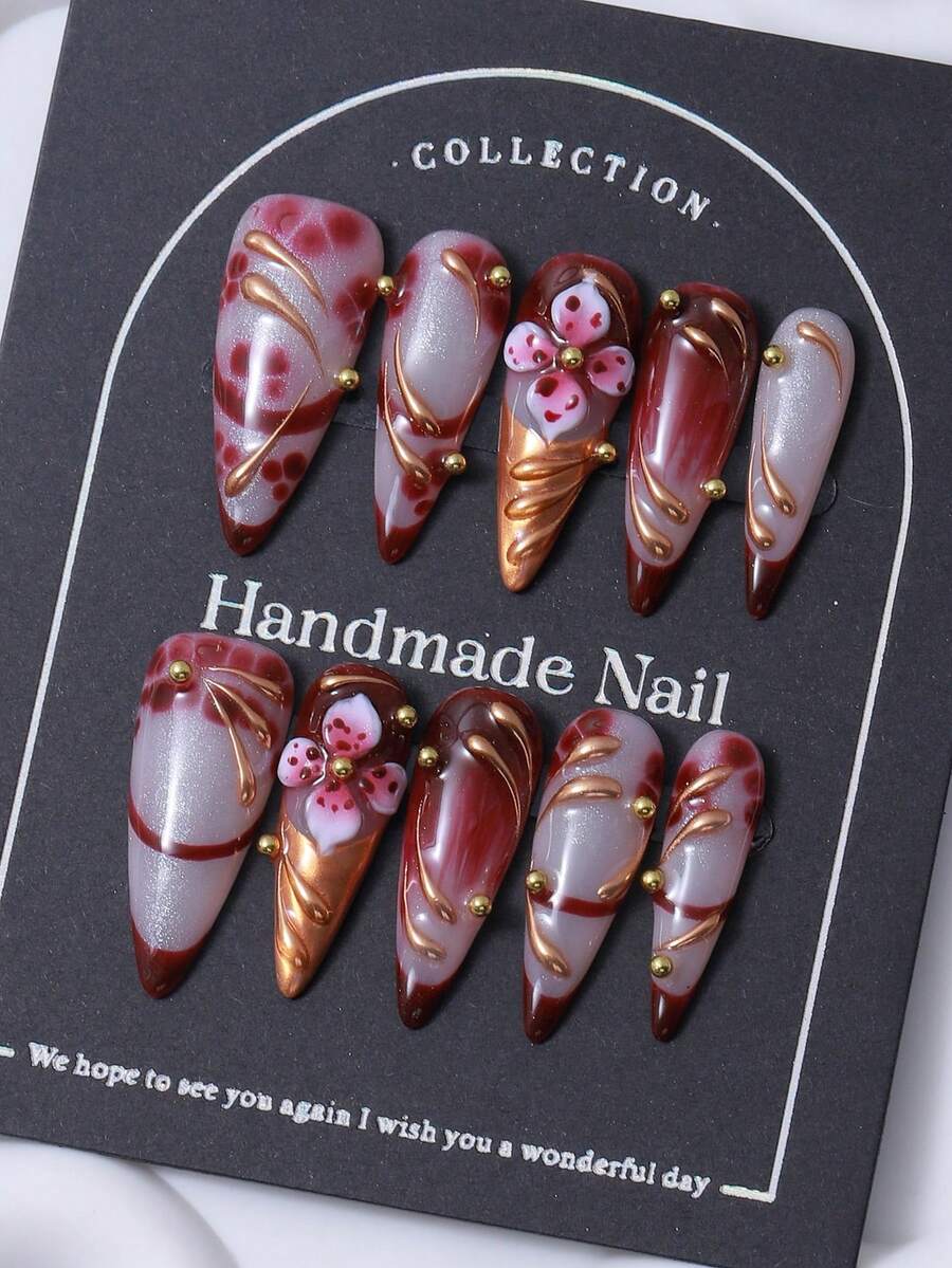 10pcs/Set Press On Nail Tips With Pointed Nails 3D Engraved Patterns ...