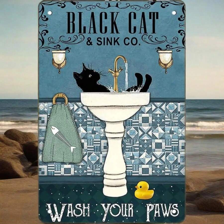Papan Tanda Logam Retro Bilik Mandi, Reka Bentuk Lucu Dengan Kucing ...