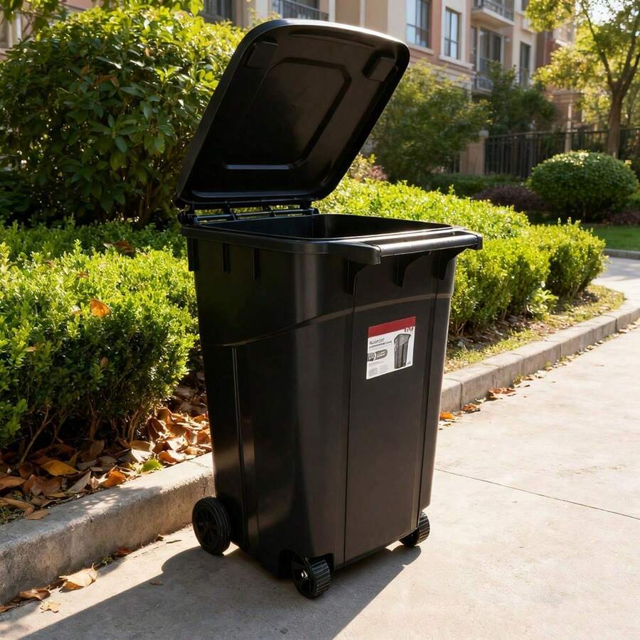 45 Gallon Wheeled Heavy Duty Plastic Garbage Can, Attached Lid, Black ...