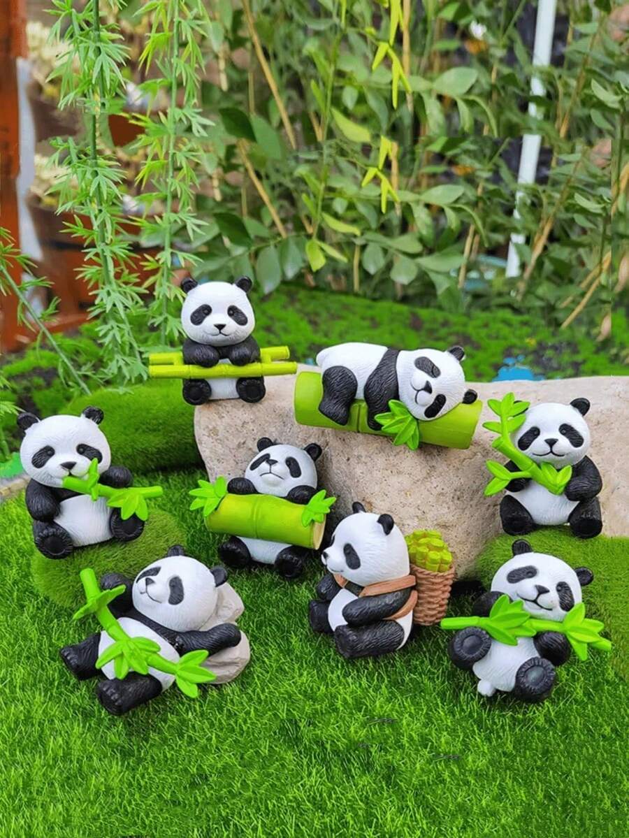 Cute Realistic Panda Figurine, Bamboo Panda Micro Landscape Desktop Car ...