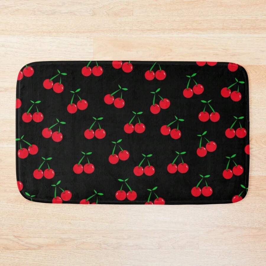 Cherries 2 (On Black) Bath Mat Baths Bathroom Bathroom Absorbent Quick ...