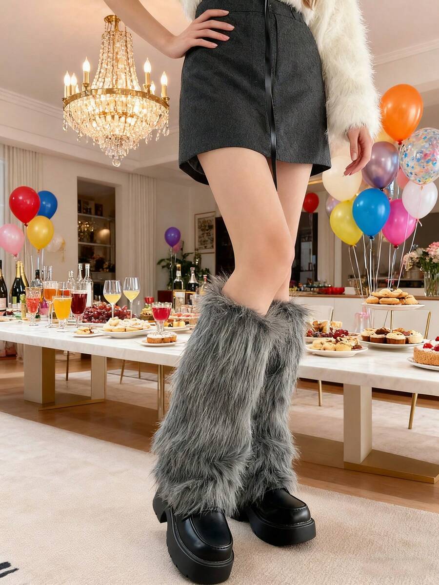 Y2K Beinwärmer Oversized Plüsch Stiefelmanschetten, lange graue ...