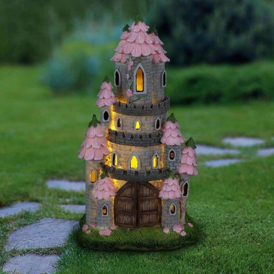 Exhart Garden Statue, Solar Fairy Castle Garden Sculpture With Pink ...
