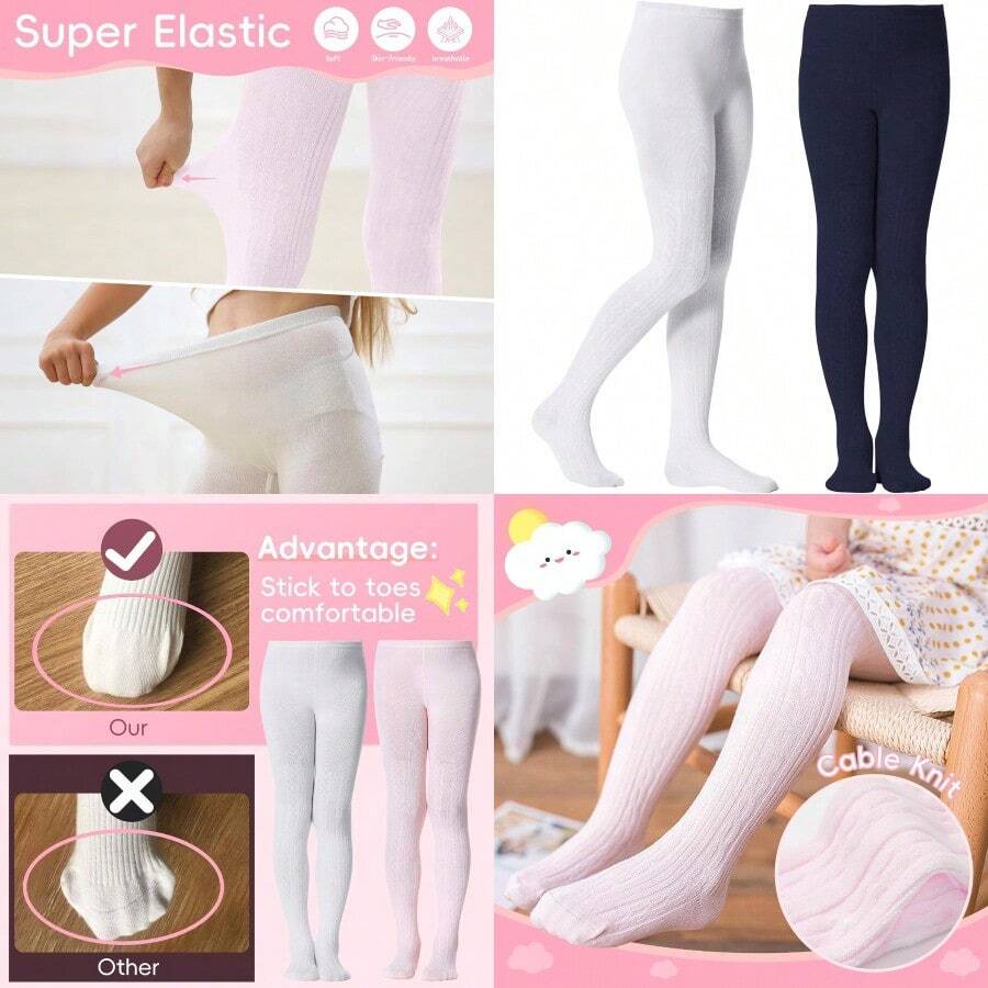 Xy2 Pack Girls Tights For School Uniform Girls Cable Knit Tights Cotton ...