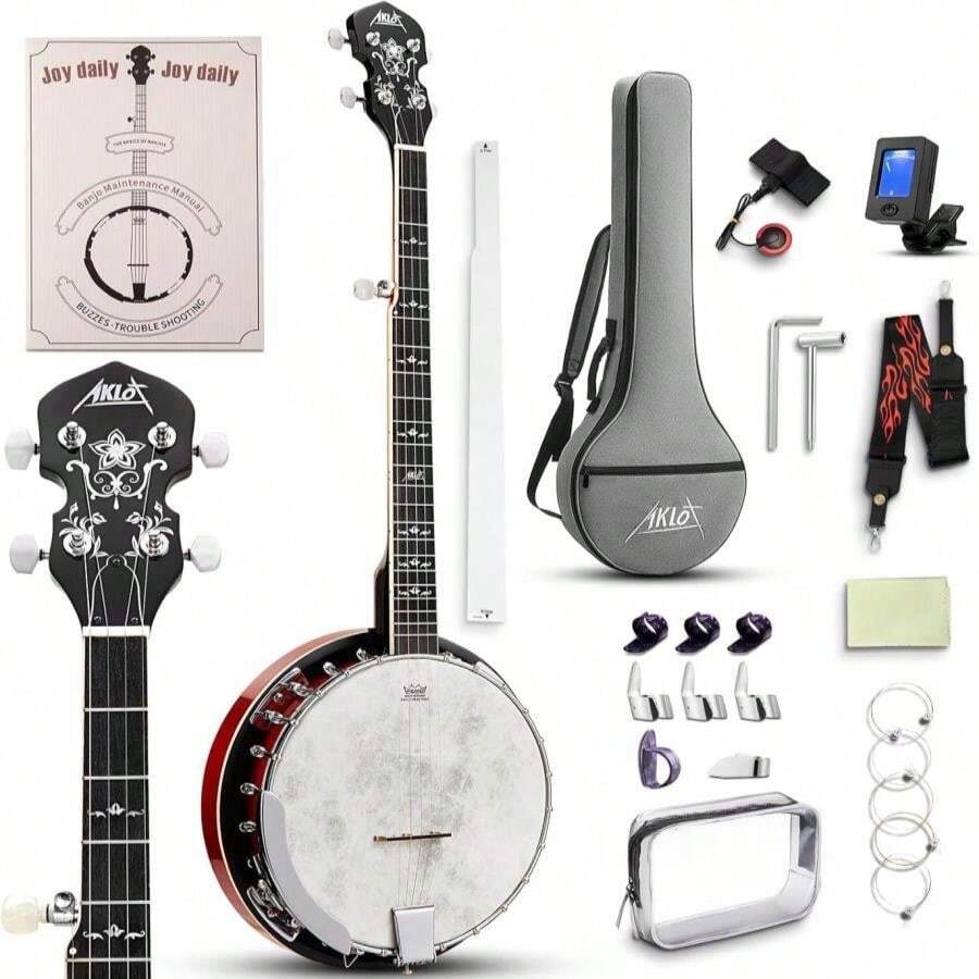 AKLOT Full-Sized Banjo With Remo Head: 38'' 5 String Banjo Set With ...