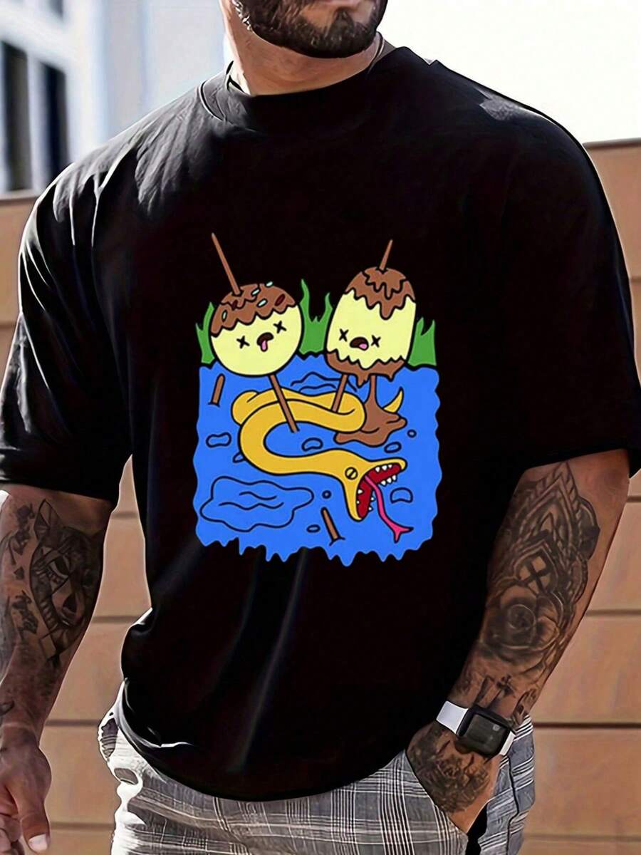 Snake And Desserts Cartoon Graphic Print Tee,Comfortable Casual Short ...