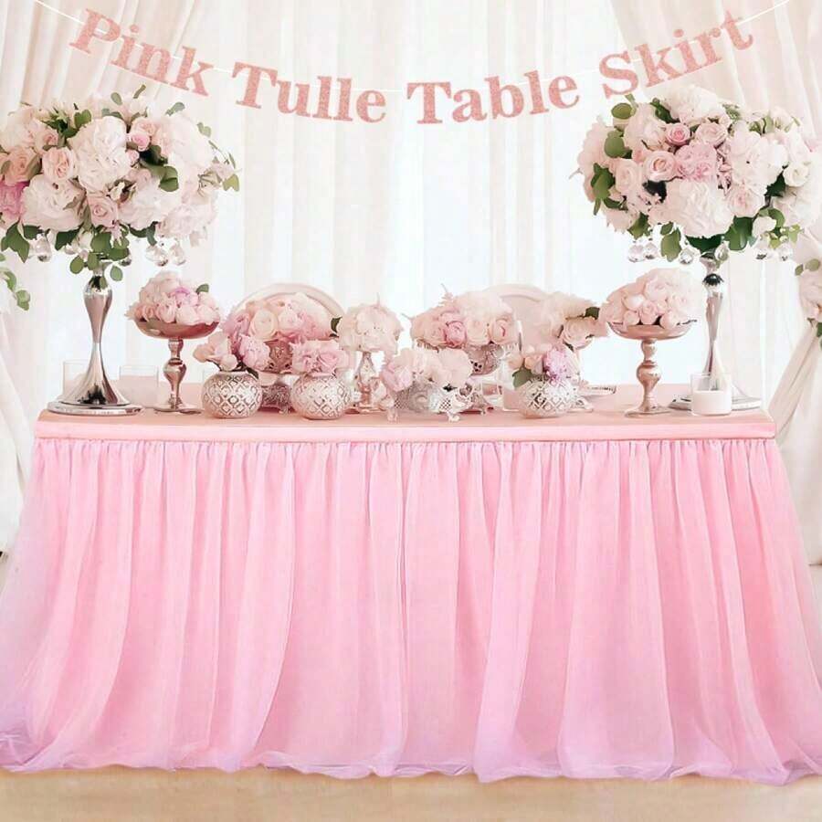 Tablecloth Rectangle Table, Pink Tulle Tutu Tables Skirt Party Table ...
