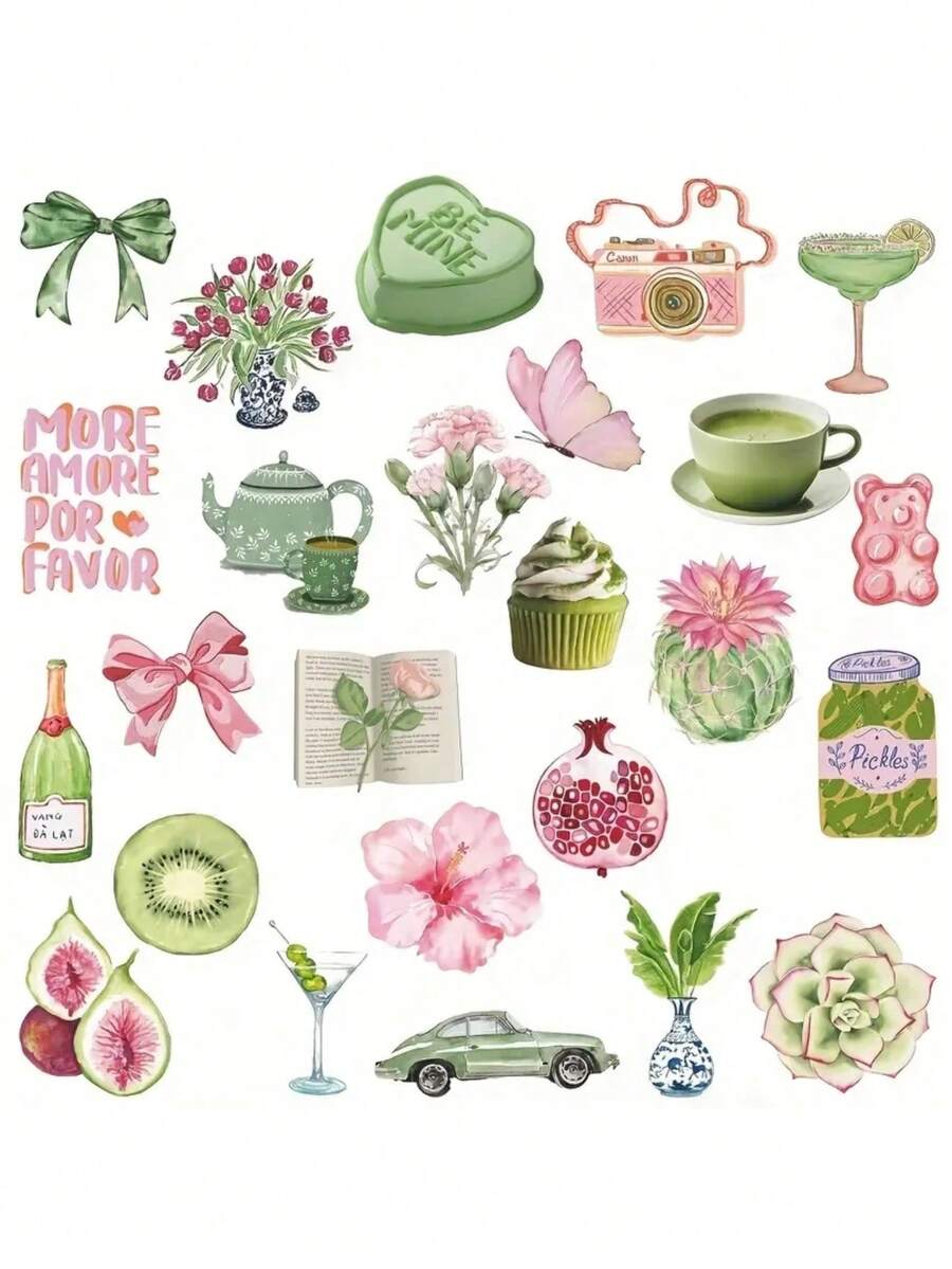 50pcs Retro Pink & Green Stickers, Aesthetic Decoration, Vintage Gifts ...