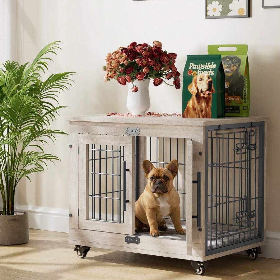 GIKPAL 27-Inch Dog Crate With Pads, 2-Door Heavy-Duty Indoor Wooden Dog ...