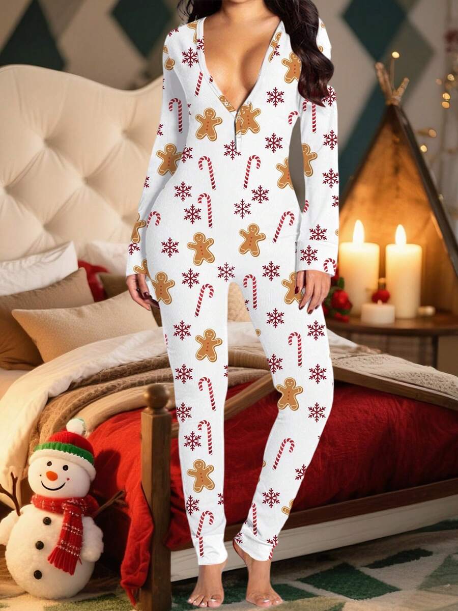 Women's Long Sleeve Jumpsuit Pajamas V Neck Christmas Themed Print ...