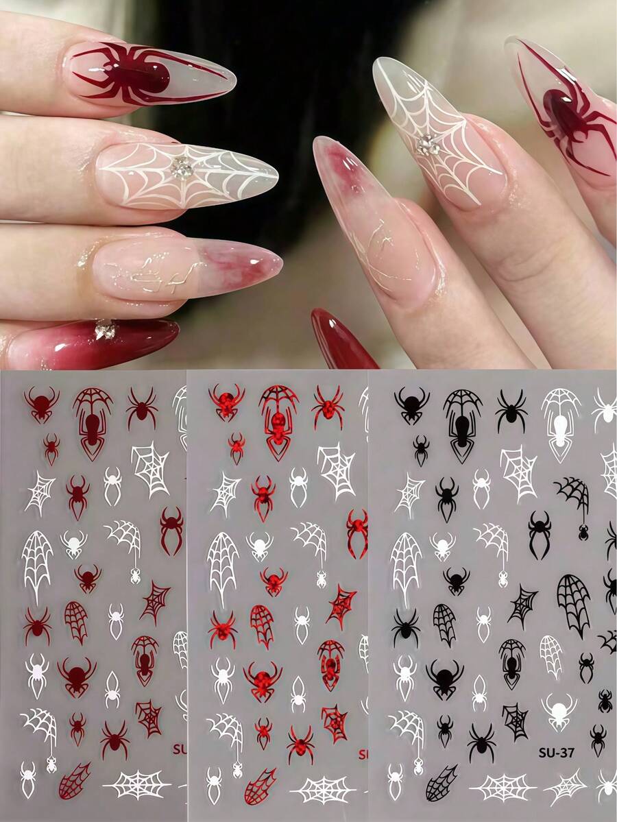 Halloween New Design Nail Sticker: Dark Laser Red Sweet Cool Spider Web ...