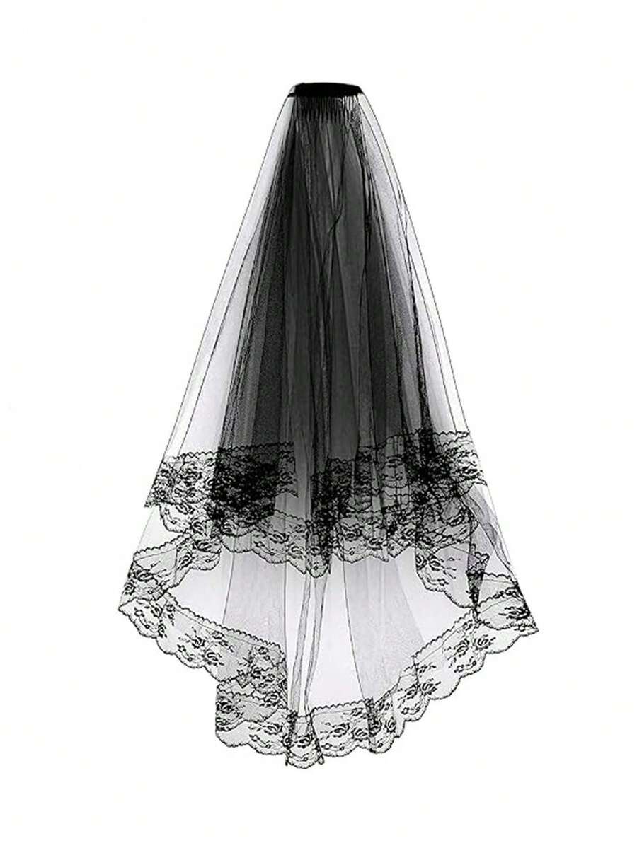1pc Black Lace Trim Gothic Bridal Veil, Halloween Zombie Bride Costume ...