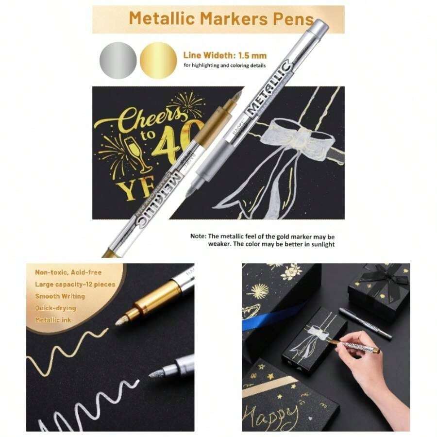 12 Pack Metallic Markers Pens, Based Silver Gold Paint Pens, Gold ...