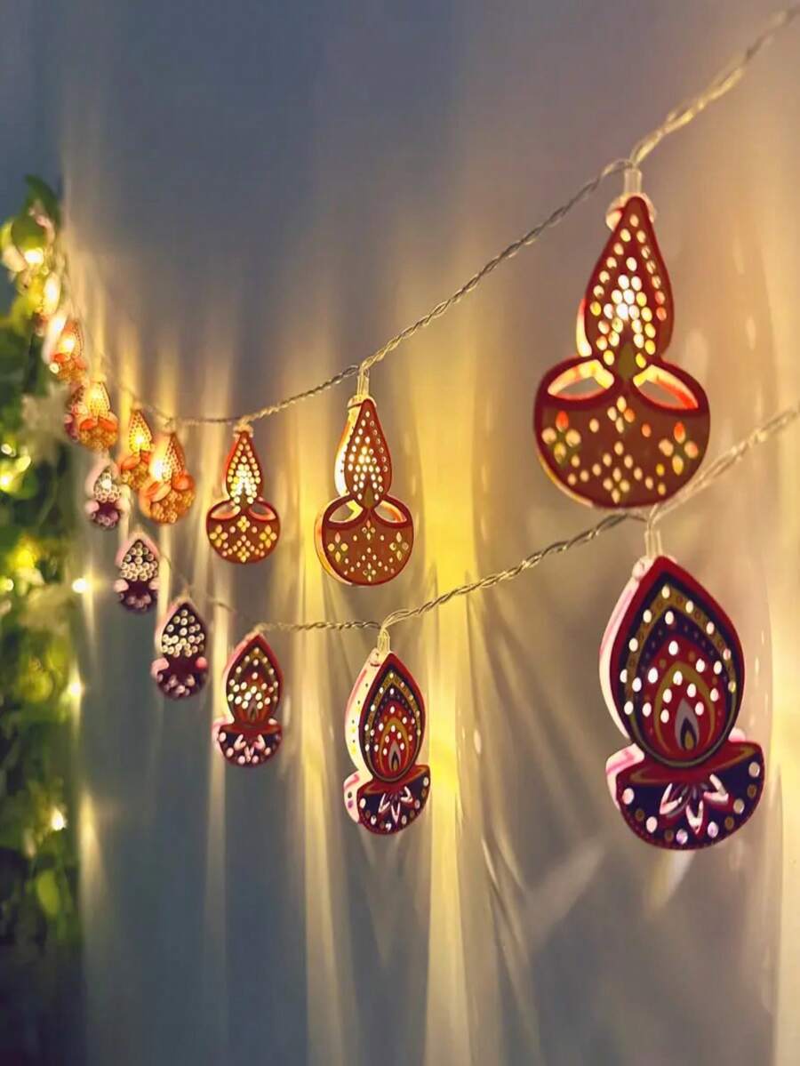 1-Piece Set - Candle Light String, LED Hollow Metal Oil Lamp, Battery ...