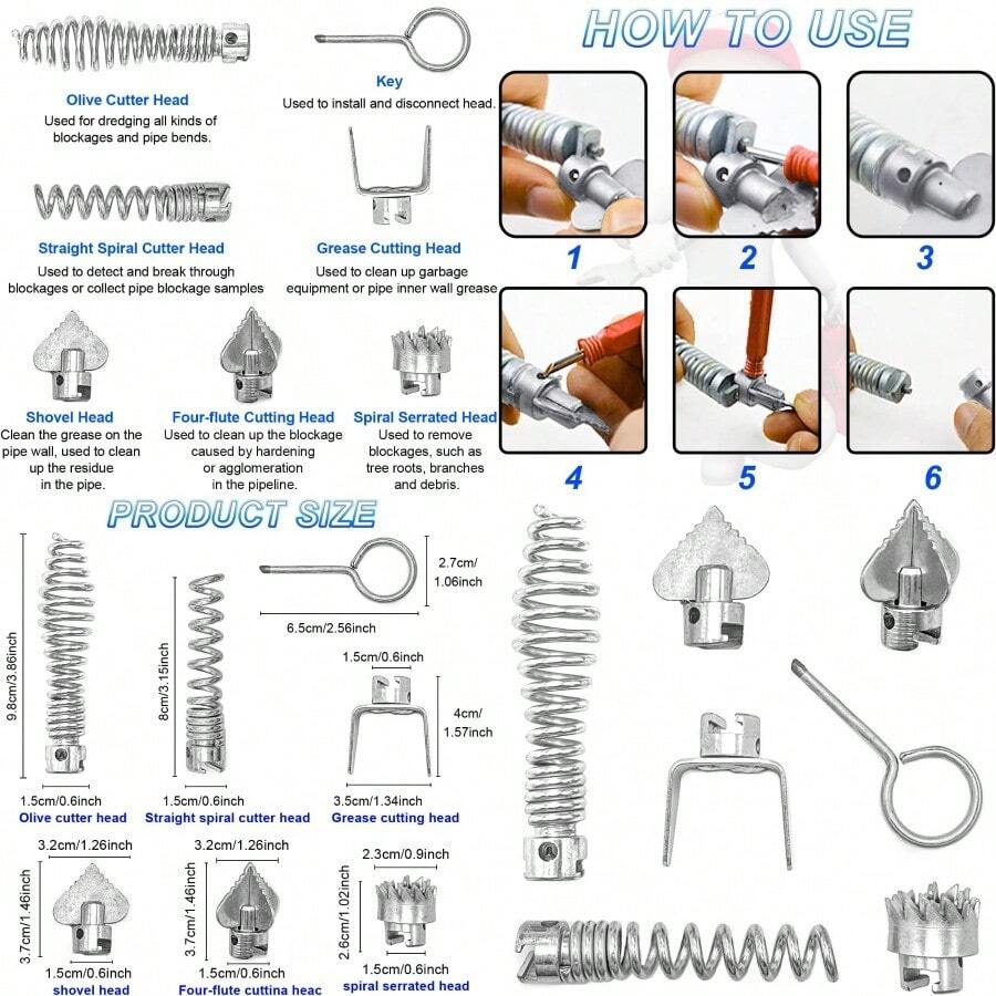 7 Pcs Drain Cleaner Combination Cutter Head Set 16mm Drain Snake Drill ...