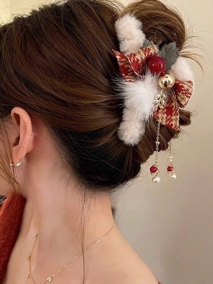 Joivida 1PC Christmas Hair Clips Set, Plush Bow With Bell & Faux Pearl ...