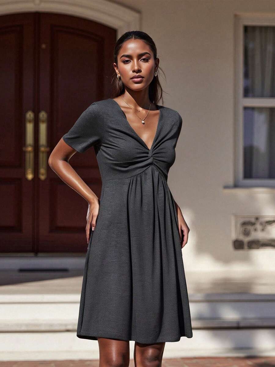 Women Summer Short Dress Short Sleeve V Neck Solid Color Twist Front A ...