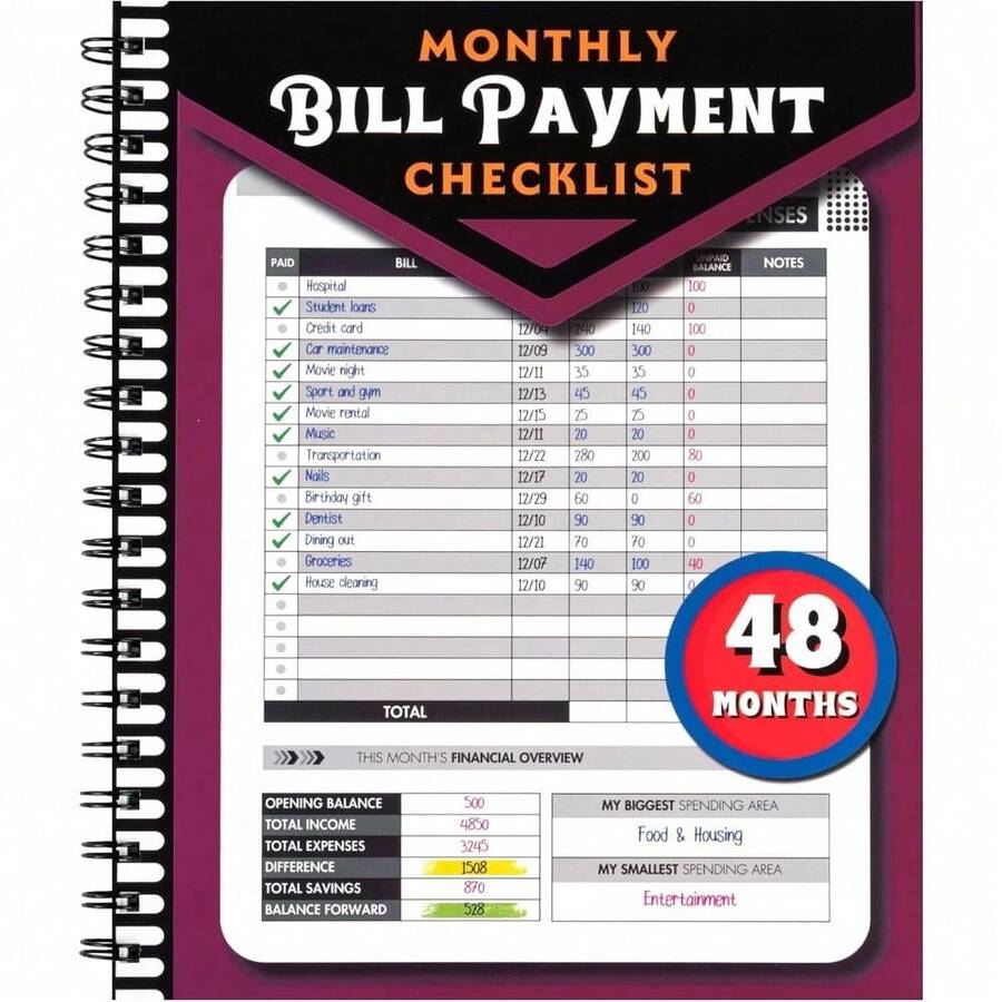 Monthly Bill Payment Checklist: Bill Tracker Notebook With Spiral ...
