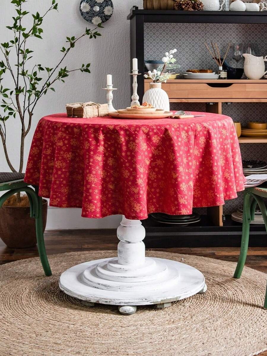 1pc Red Metallic Jingle Bell Printed Round Tablecloth, Christmas ...
