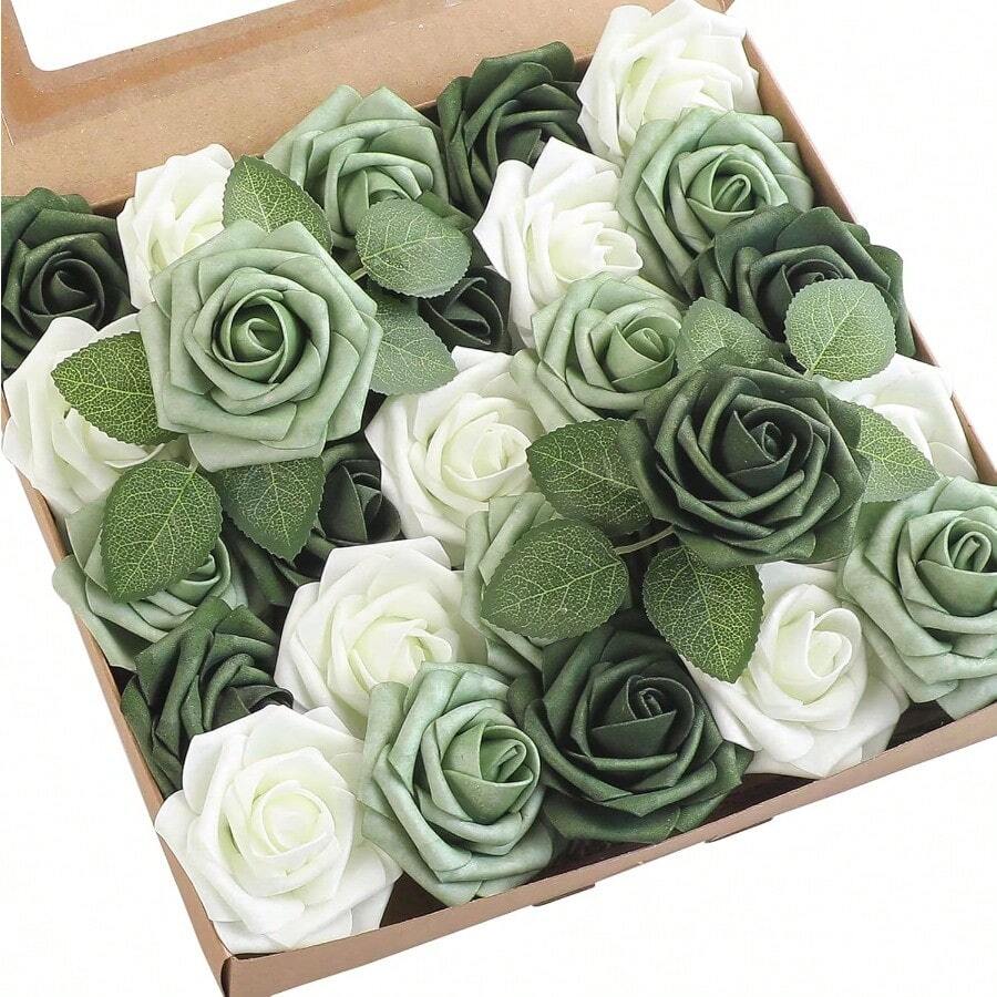 Floroom Artificial Flowers 25pcs Real Looking Ivory Foam Fake Roses ...