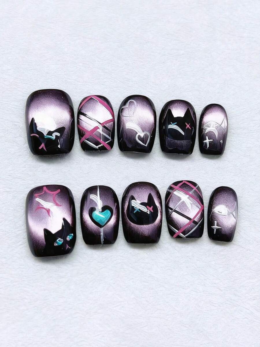 10pcs Pure Handmade Press On Nails Medium Nails Square Nails Black Pink ...
