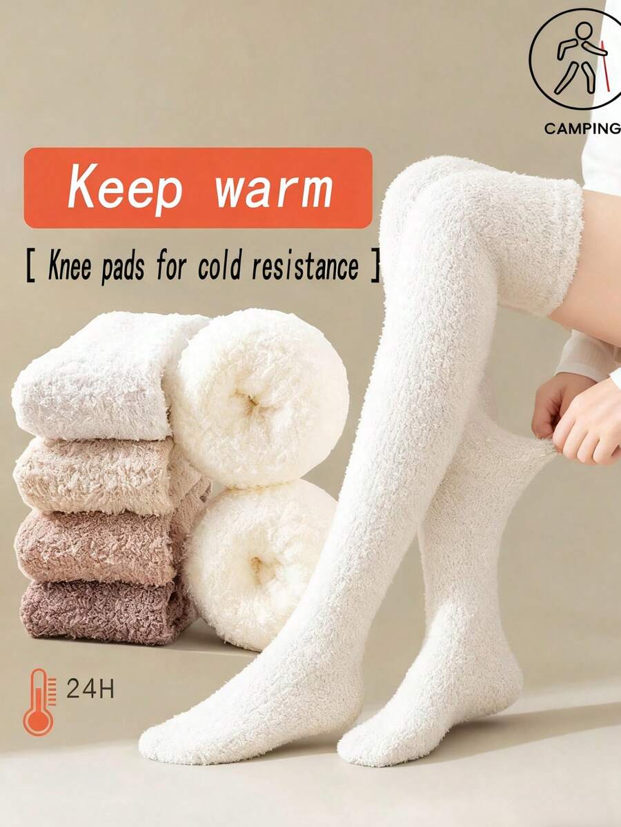 Women Knee High Fuzzy Socks Soft Long Thigh High Warm Stockings Cozy ...