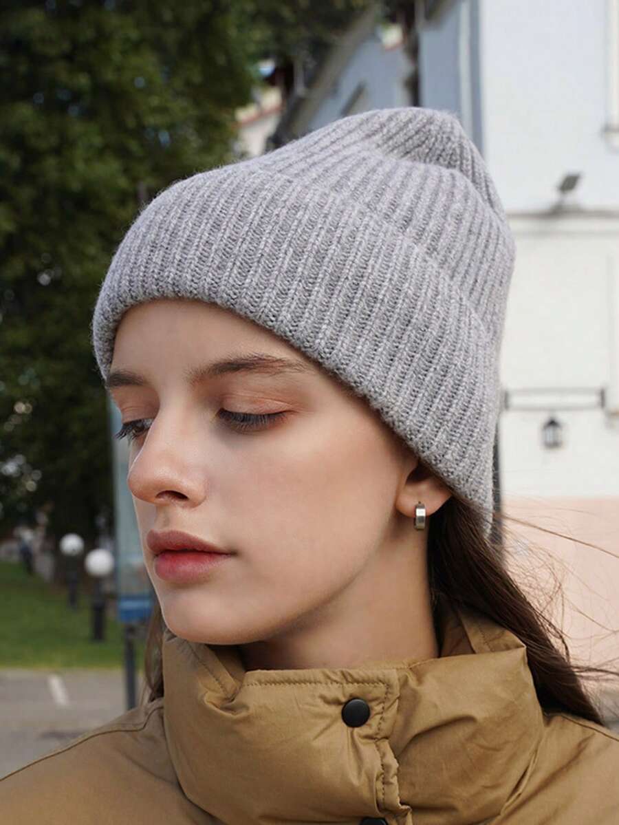 1ps Solid Color Knit Cuffed Beanie Hats Women Rabbit Fur Plush Knitted ...