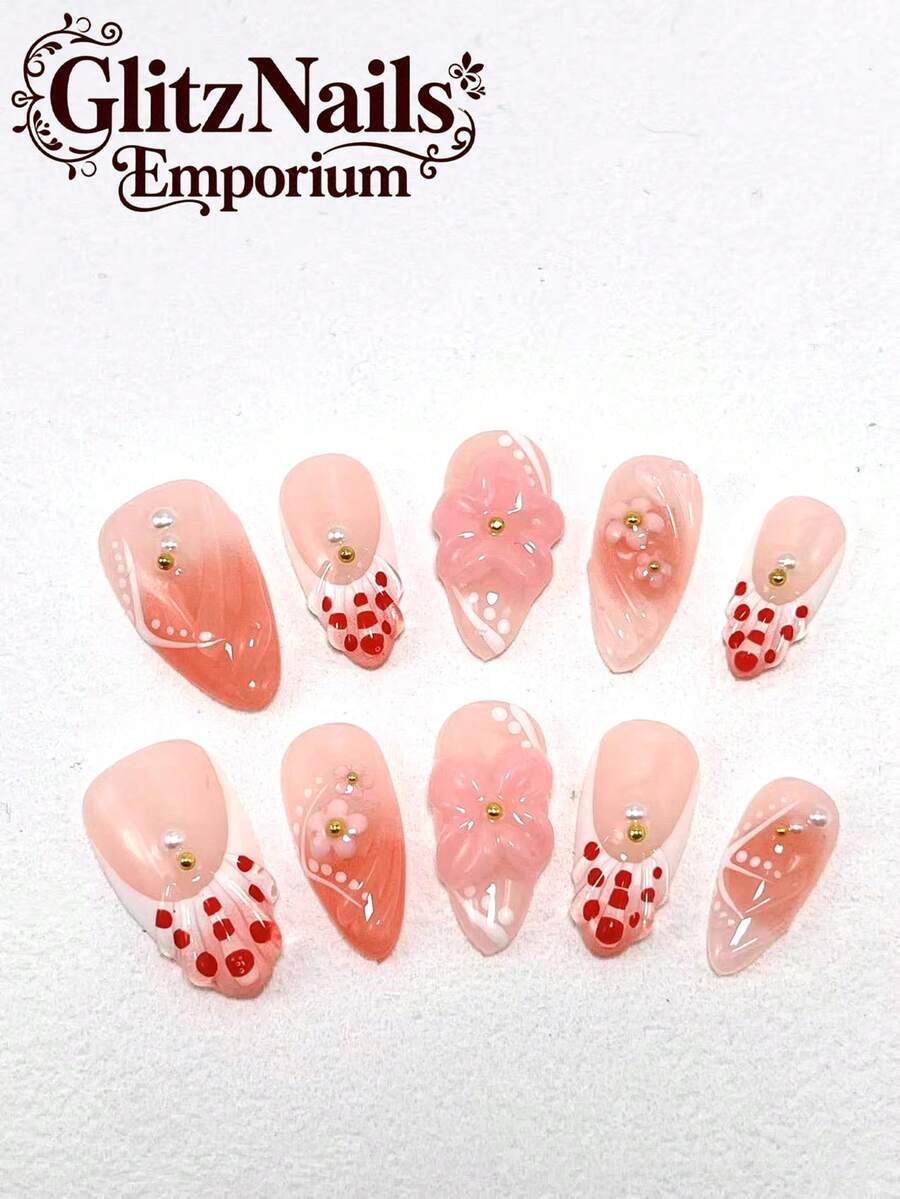 10 piezas de uñas postizas de almendra con estilo francés hechas a mano ...