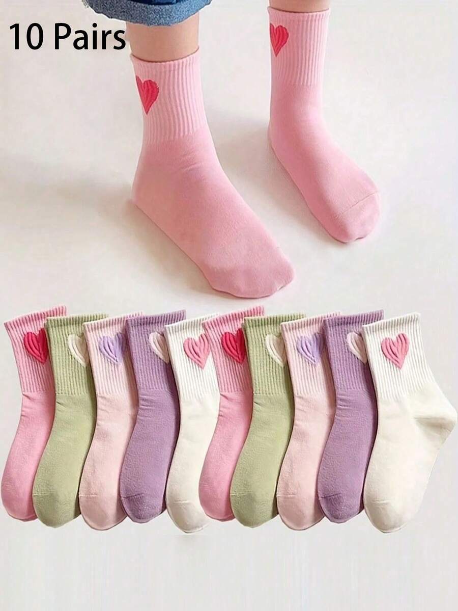 10 Pairs Of Children's Socks, Cute Heart-Shaped Design, Versatile Mid ...