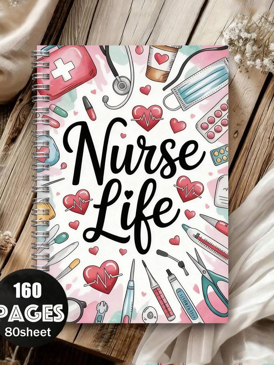 Nurse Themed Spiral Notebook - Pink With Medical Illustrations, 160 ...