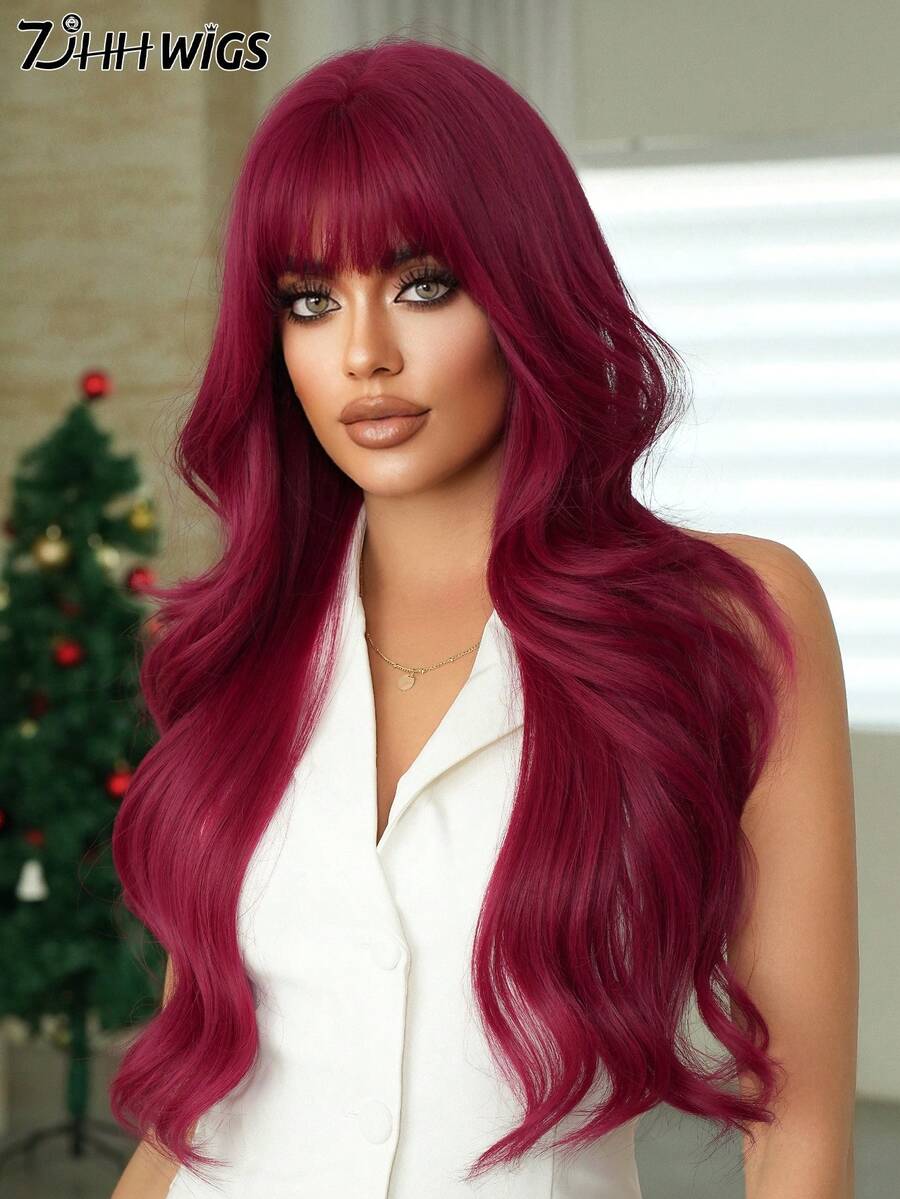 7JHH WIGS Long Wave Fuchsia Wigs For Women - Loose Fluffy Wavy Curly ...