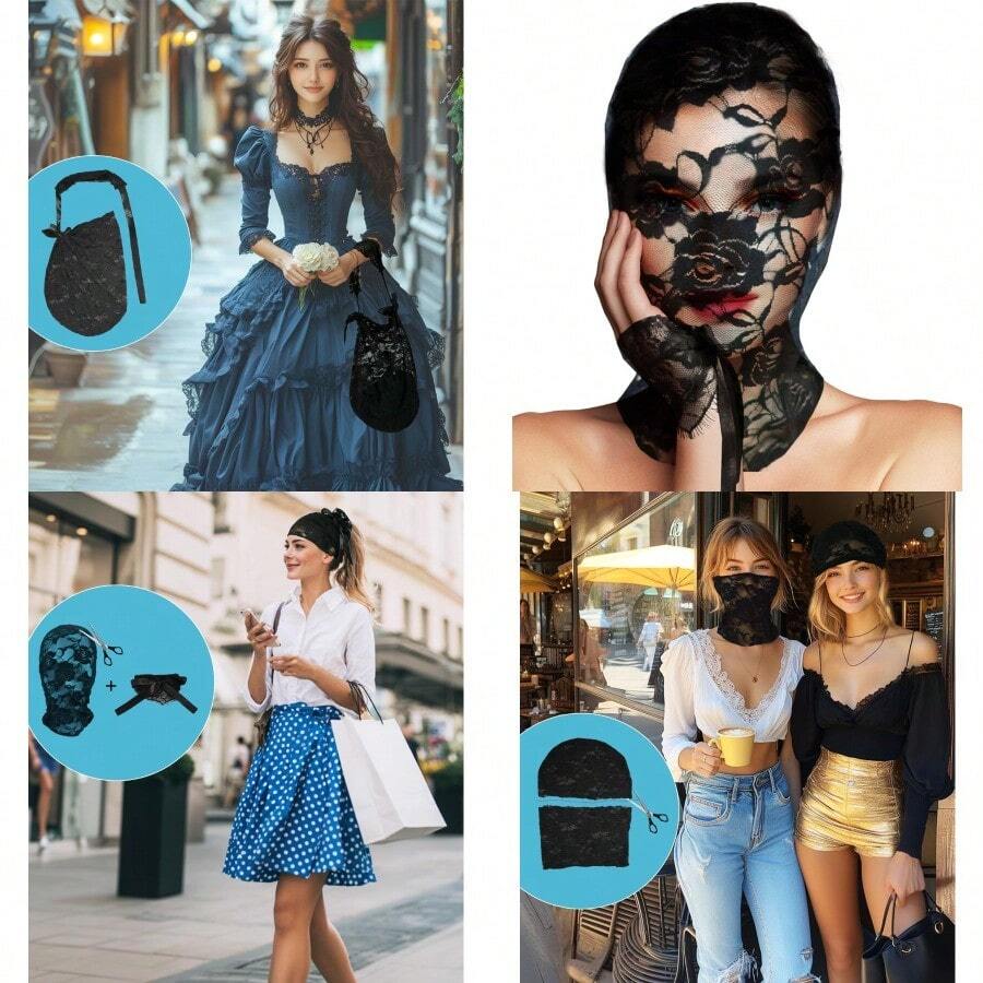 Floral Lace Full Face Mask Wrist Cuff Hair Bibbon For Photography ...