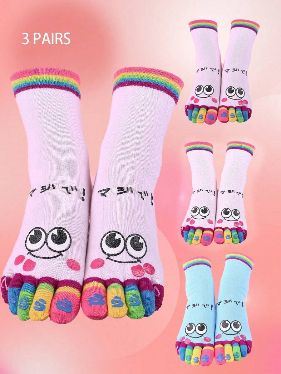 3 Pairs Women's Multicolor (Pink, Light Blue) Cartoon Eye & Rainbow ...