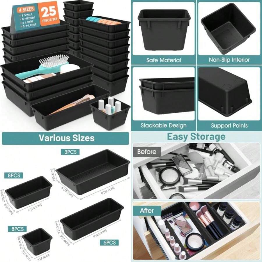 WOWBOX 25 PCS Plastic Drawer Organizer Set, 4 Sizes Desk Drawer Divider ...