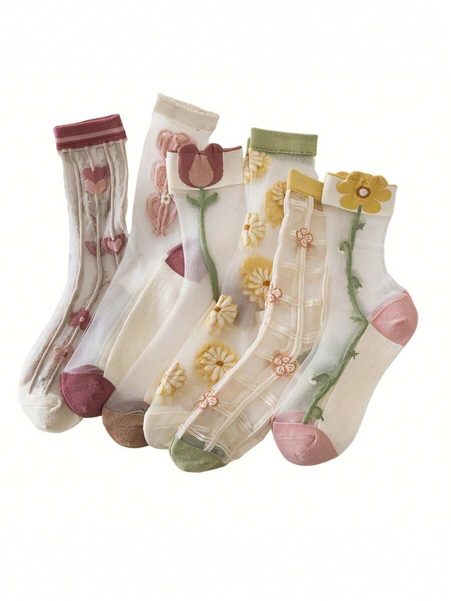 6 Pairs Of Glass Crystal Socks, Plant Flowers, Ultra-Thin Transparent ...