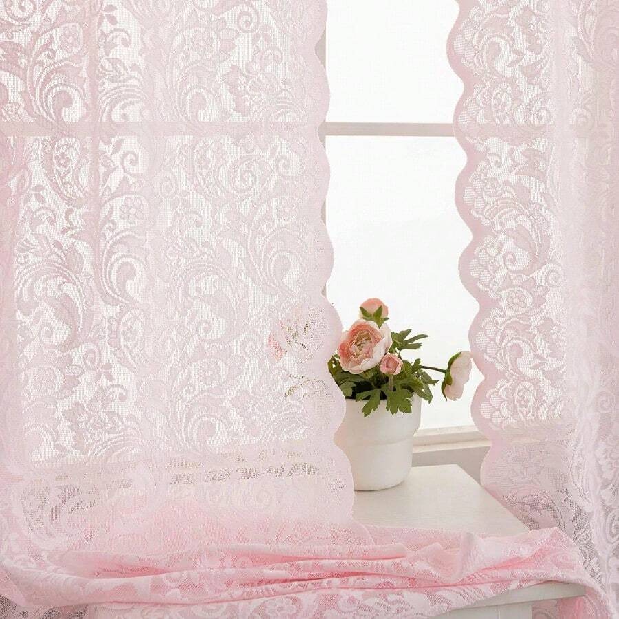 Pink Lace Curtains 84 Inches Long 2 Panels Cute Floral Sheer ...