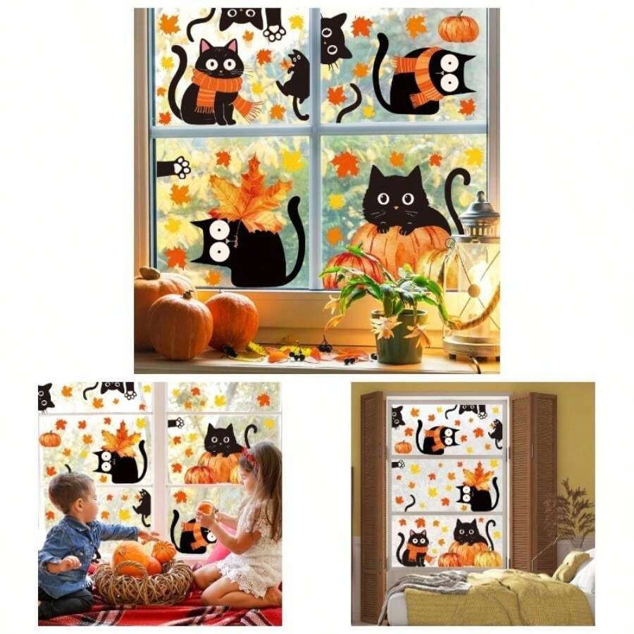 6 Sheets Fall Window Clings Cute Pumpkin Maple Leaf Reusable Window ...
